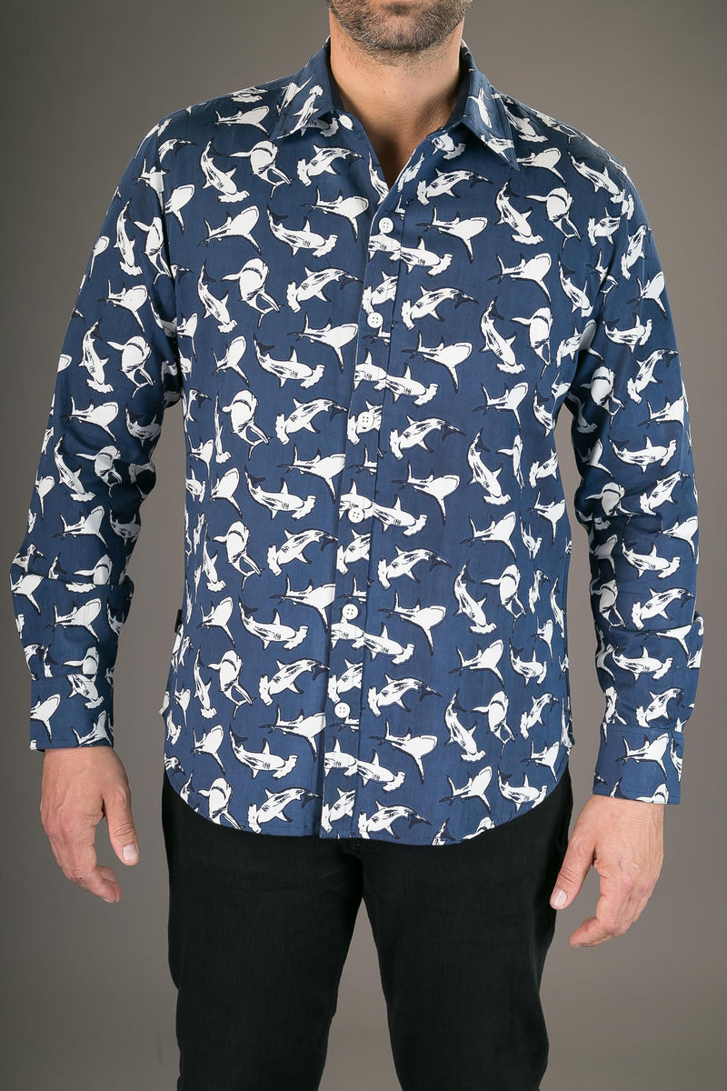 Shark Print Cotton Slim Fit Mens Shirt Long Sleeve Avalonia